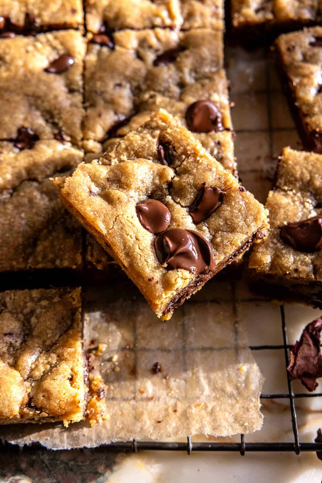Doughy Tahini Chocolate Chip Cookie Bars. - Half Baked Harvest